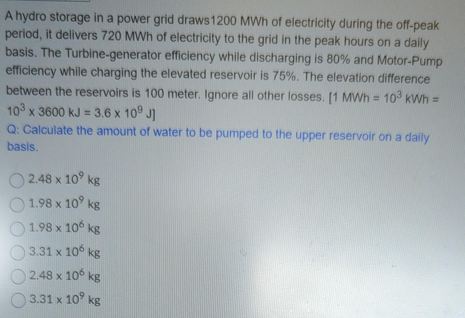 Solved A hydro storage in a power grid draws 1200 MWh of | Chegg.com