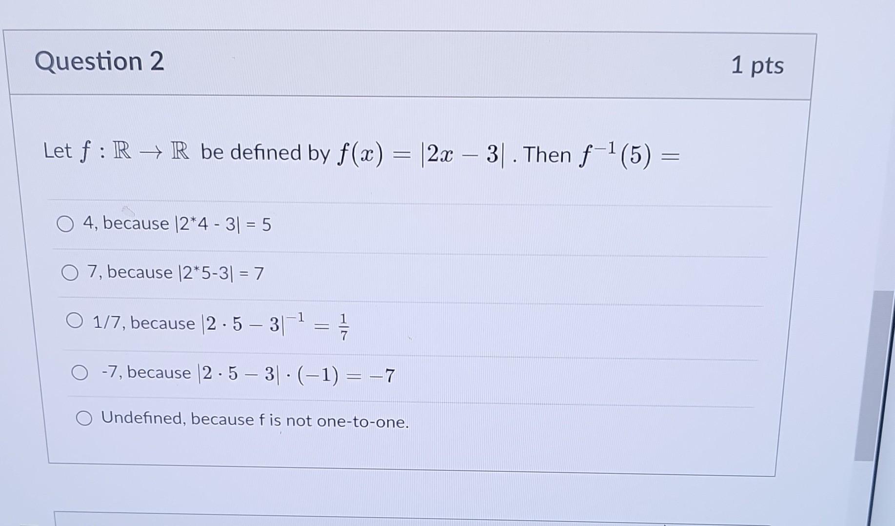 Solved Let f:R→R be defined by f(x)=∣2x−3∣. Then f−1(5)= 4 , | Chegg.com
