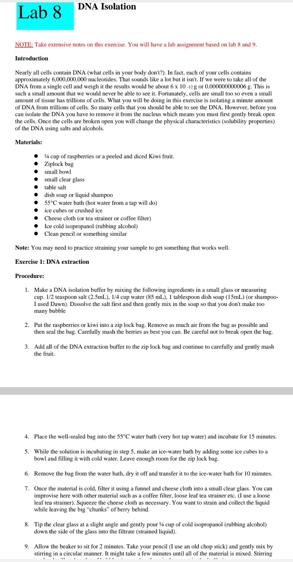 Solved DNA Isolation Lab 8 NOTE: Take extensive notes on | Chegg.com