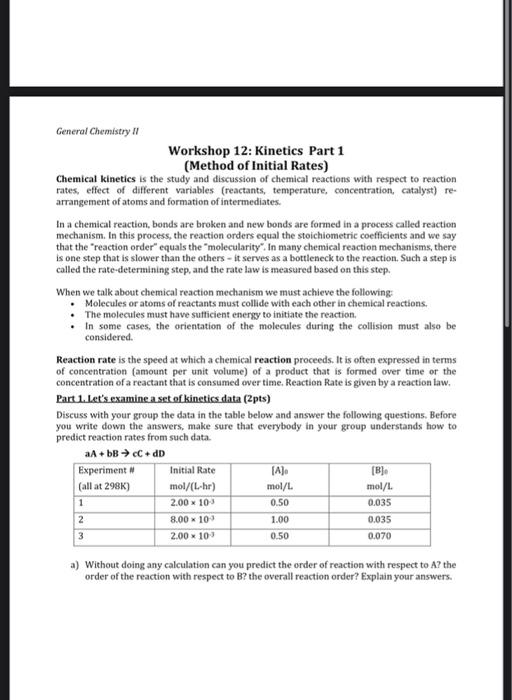Solved General Chemistry II Workshop 12: Kinetics Part 1 | Chegg.com