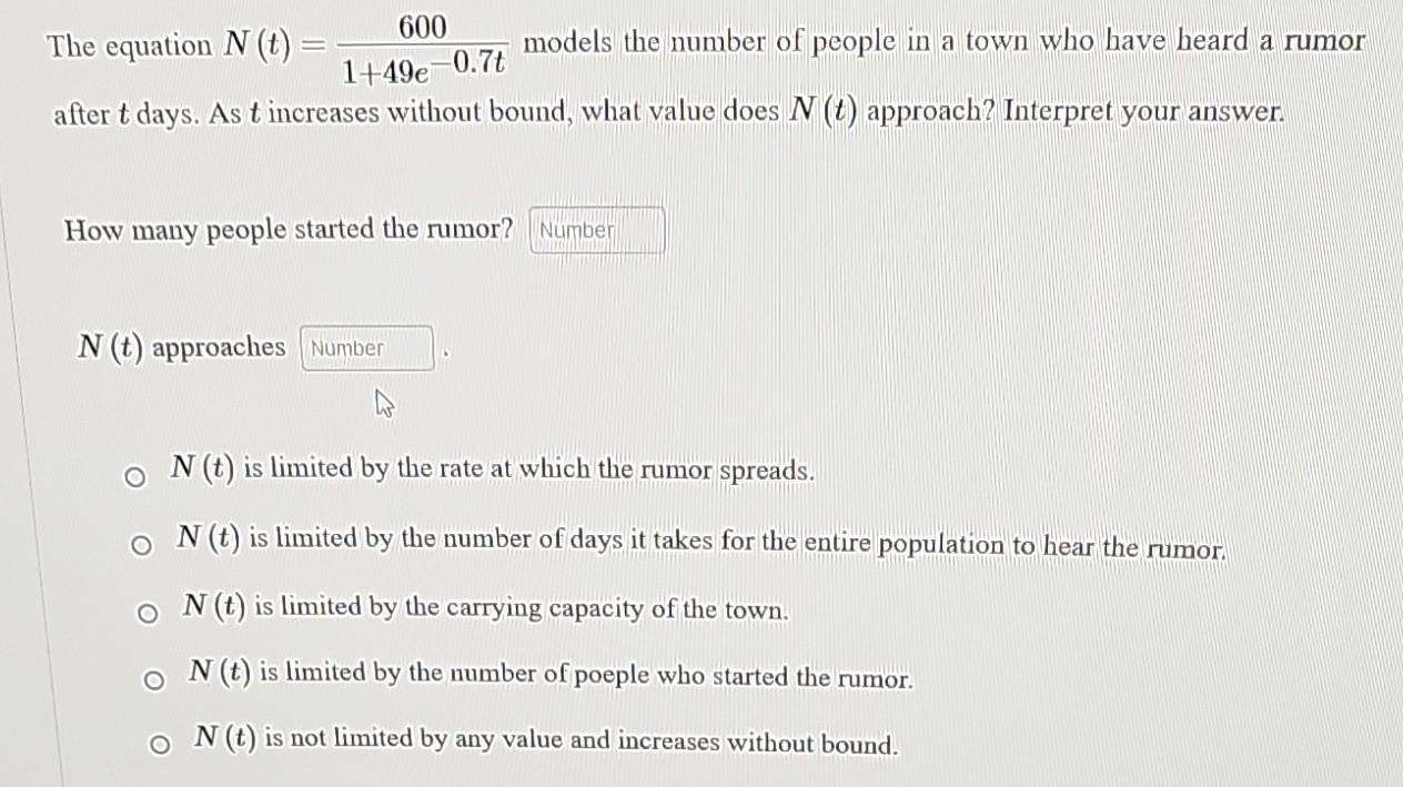 Solved The equation N(t)=1+49e−0.7t600 models the number of | Chegg.com