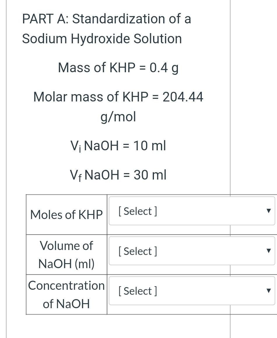 Solved PART A: Standardization of a Sodium Hydroxide | Chegg.com