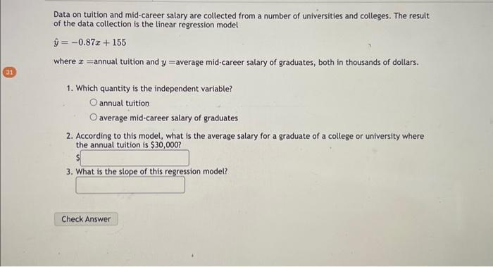 Solved Data on tuition and mid-career salary are collected | Chegg.com