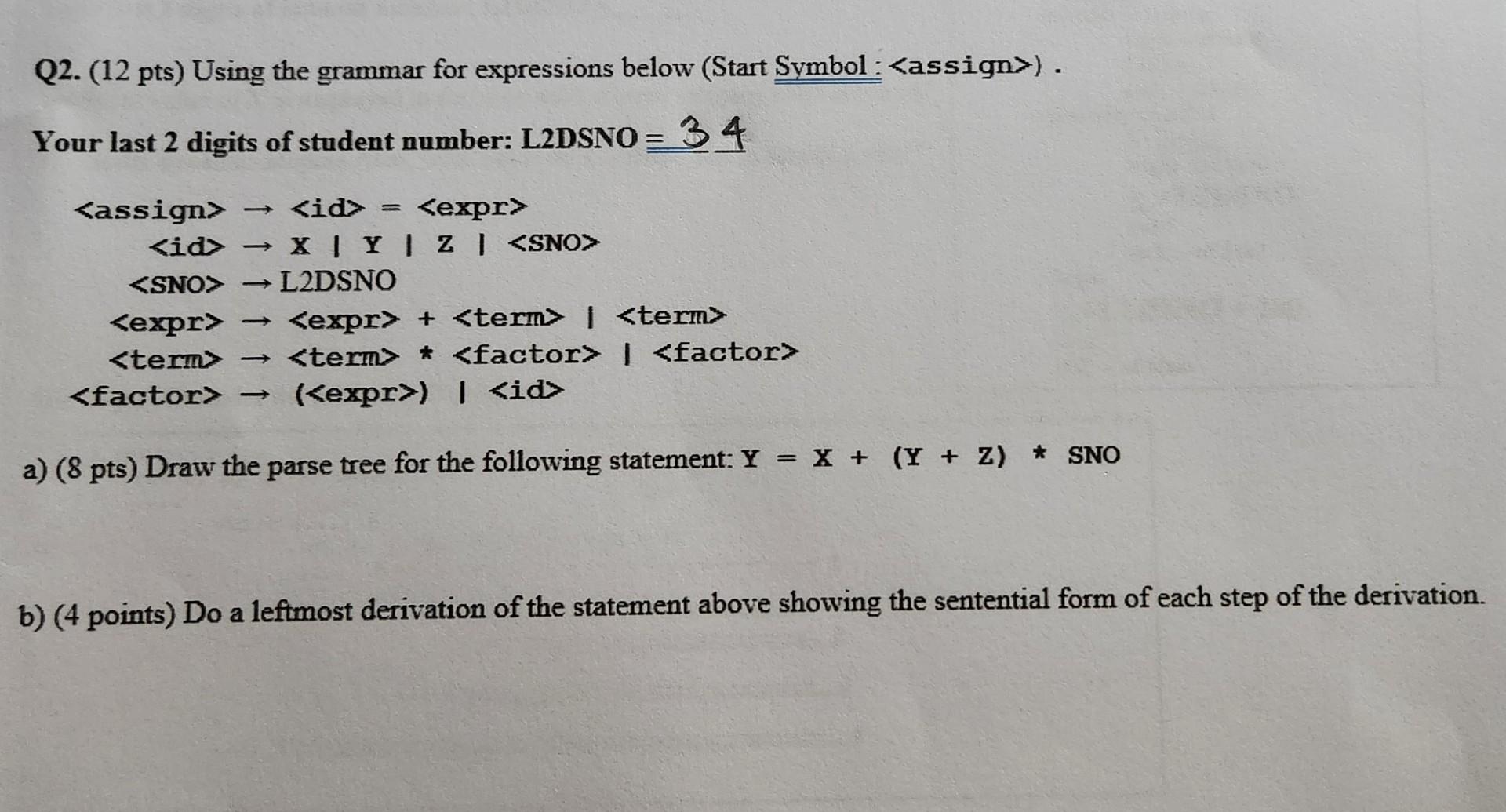 Solved Q2. (12 pts) Using the grammar for expressions below | Chegg.com