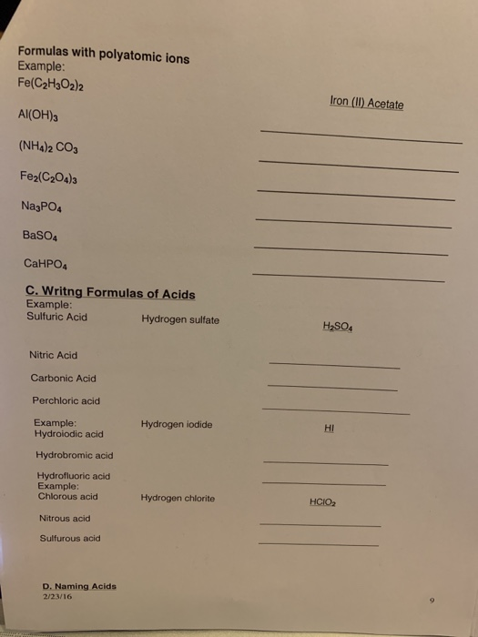 Solved Formulas with polyatomic ions Example: Fe(C2H302)2 | Chegg.com
