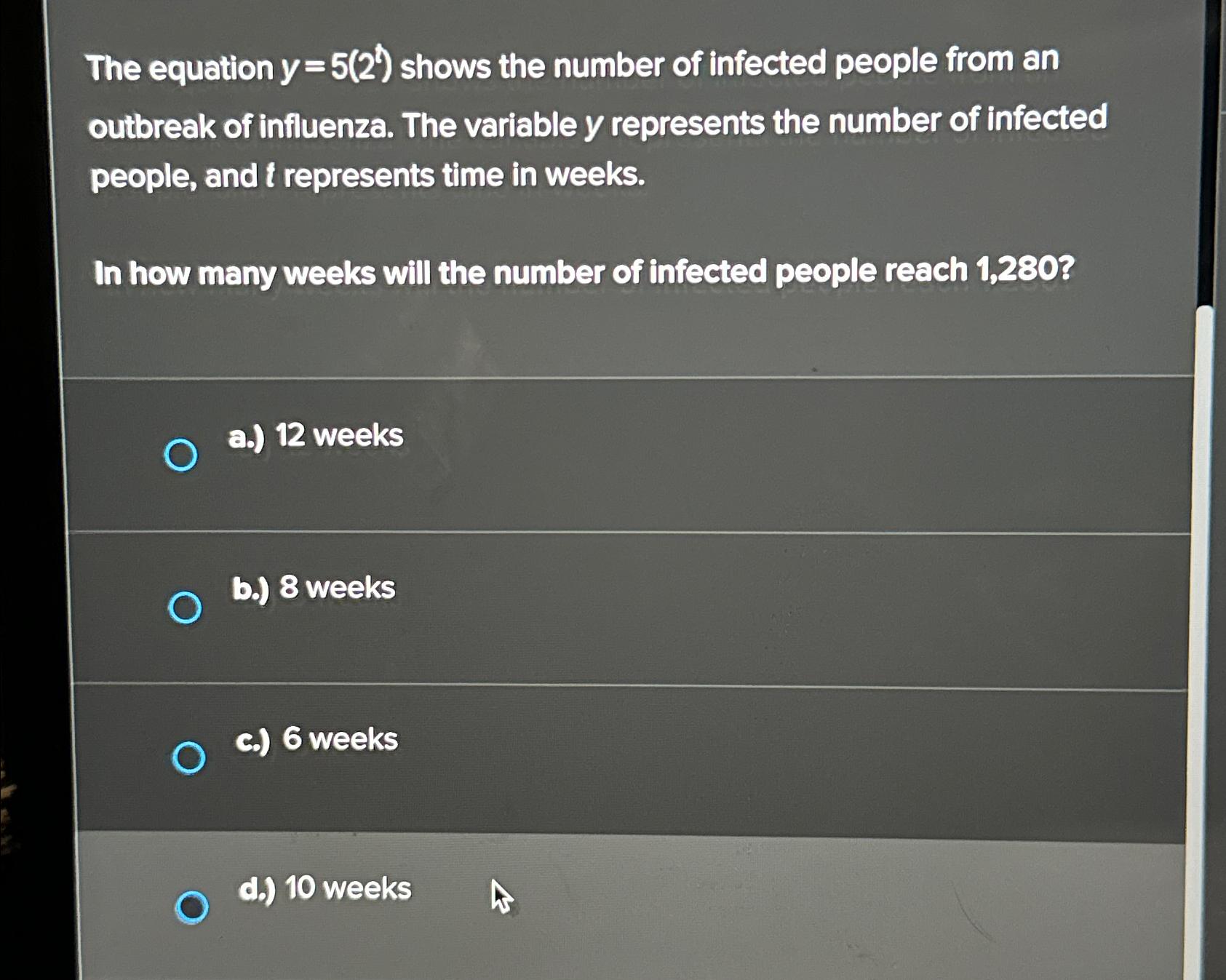 Solved The equation y=5(2°) ﻿shows the number of infected | Chegg.com
