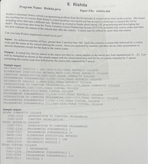 Solved 9. Rishita Program Name: Rishita.java Input File: | Chegg.com