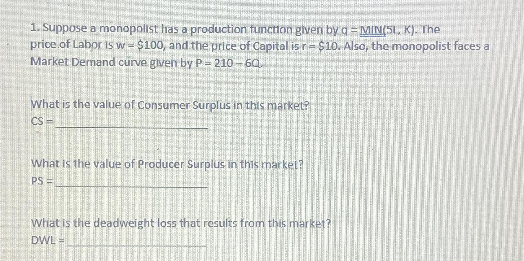 Solved Suppose a monopolist has a production function given | Chegg.com