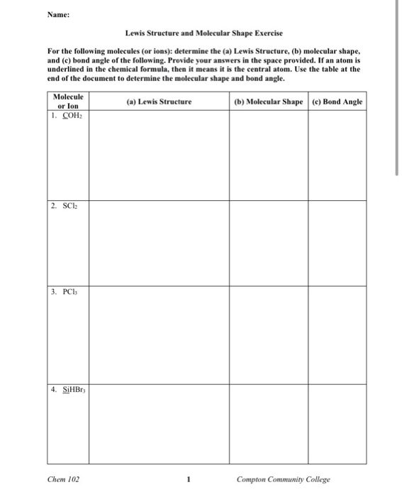 Solved Name: Lewis Structure and Molecular Shape Exercise | Chegg.com