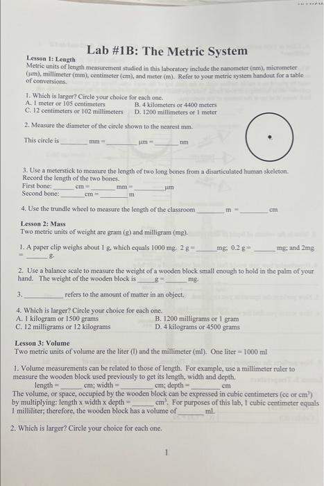 Solved ANTIF Lab # 1B: The Metric System Lesson 1: Length | Chegg.com