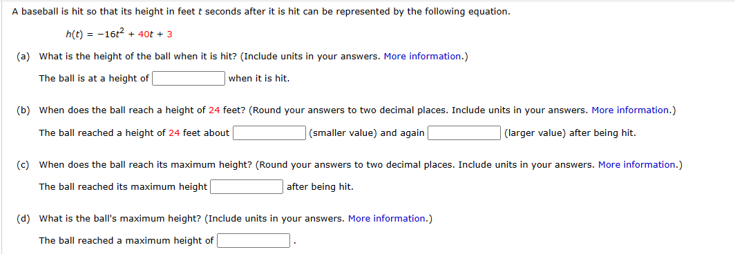 Solved A baseball is hit so that its height in feet t | Chegg.com