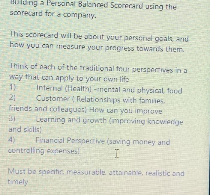 Solved Building a Personal Balanced Scorecard using the | Chegg.com
