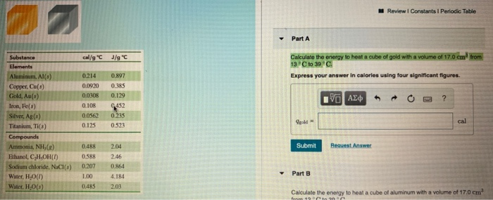 Solved Review Constants 1 Periodic Table Part A cal/g °C J/g | Chegg.com