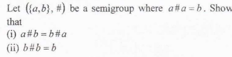 Solved Let ({a,b},#) ﻿be a semigroup where a#a=b. ﻿Show | Chegg.com
