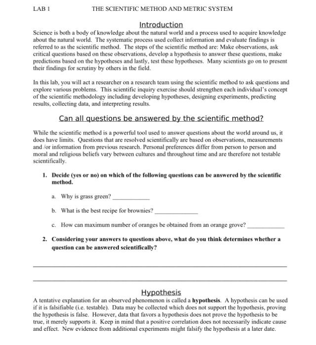 Solved LAB 1 THE SCIENTIFIC METHOD AND METRIC SYSTEM | Chegg.com