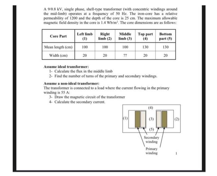 Solved A 9/0.8kV, single phase, shell-type transformer (with | Chegg.com