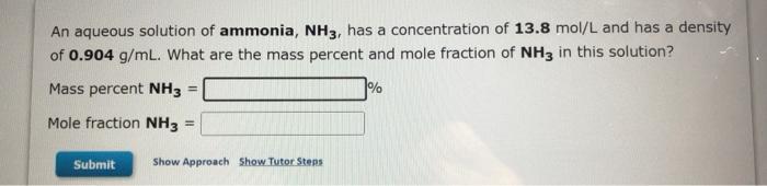 Solved An aqueous solution of ammonia, NH3, has a | Chegg.com