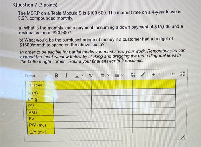 Solved Question 7 (3 points) The MSRP on a Tesla Module S is | Chegg.com