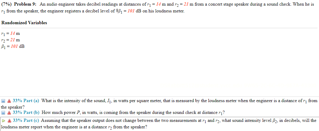 Solved (7%) ﻿Problem 9: An audio engineer takes decibel | Chegg.com
