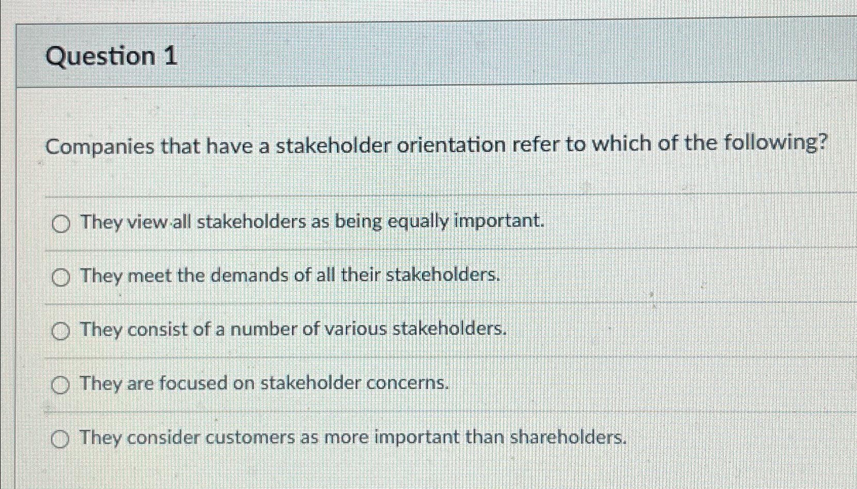 Solved Question 1Companies that have a stakeholder | Chegg.com