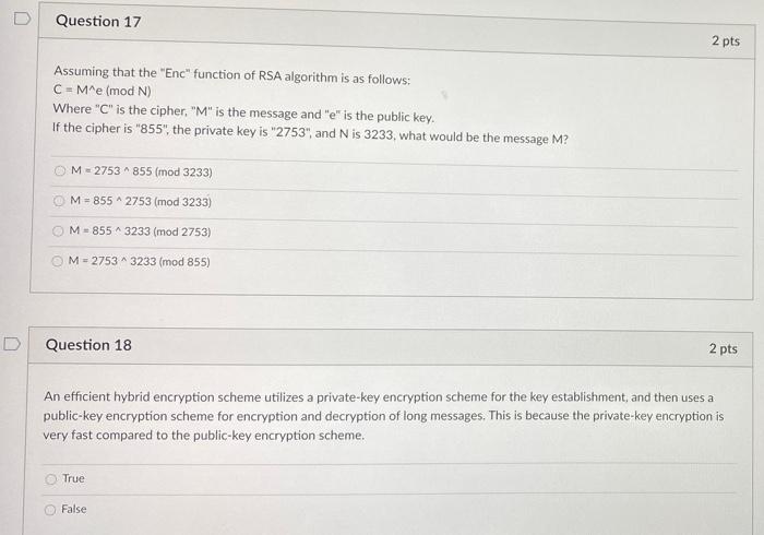 Solved D Question 17 2 pts Assuming that the "Enc" function | Chegg.com
