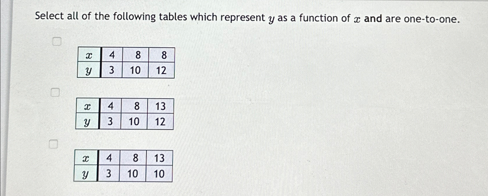 Select all of the following tables which represent y | Chegg.com