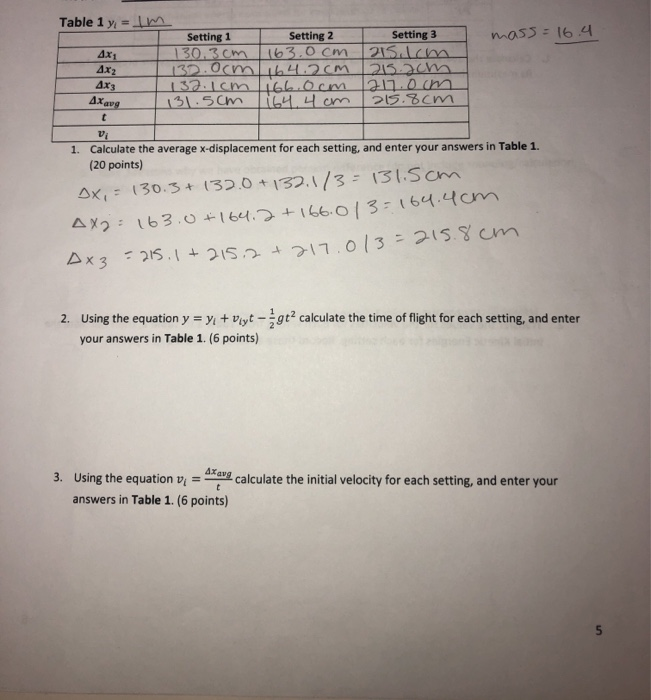 Solved mass = 16.4 Table 1 y = 1m Setting 1 Setting 2 | Chegg.com