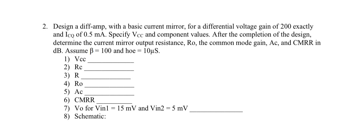 Solved Design a diff-amp, with a basic current mirror, for a | Chegg.com
