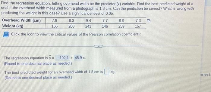 Solved Find the regression equation, letting overhead width | Chegg.com