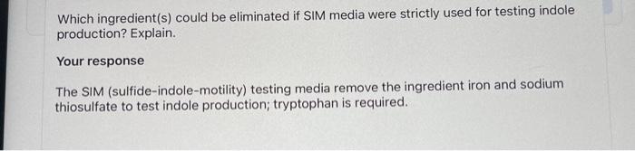 Solved Which ingredient(s) could be eliminated if SIM media | Chegg.com