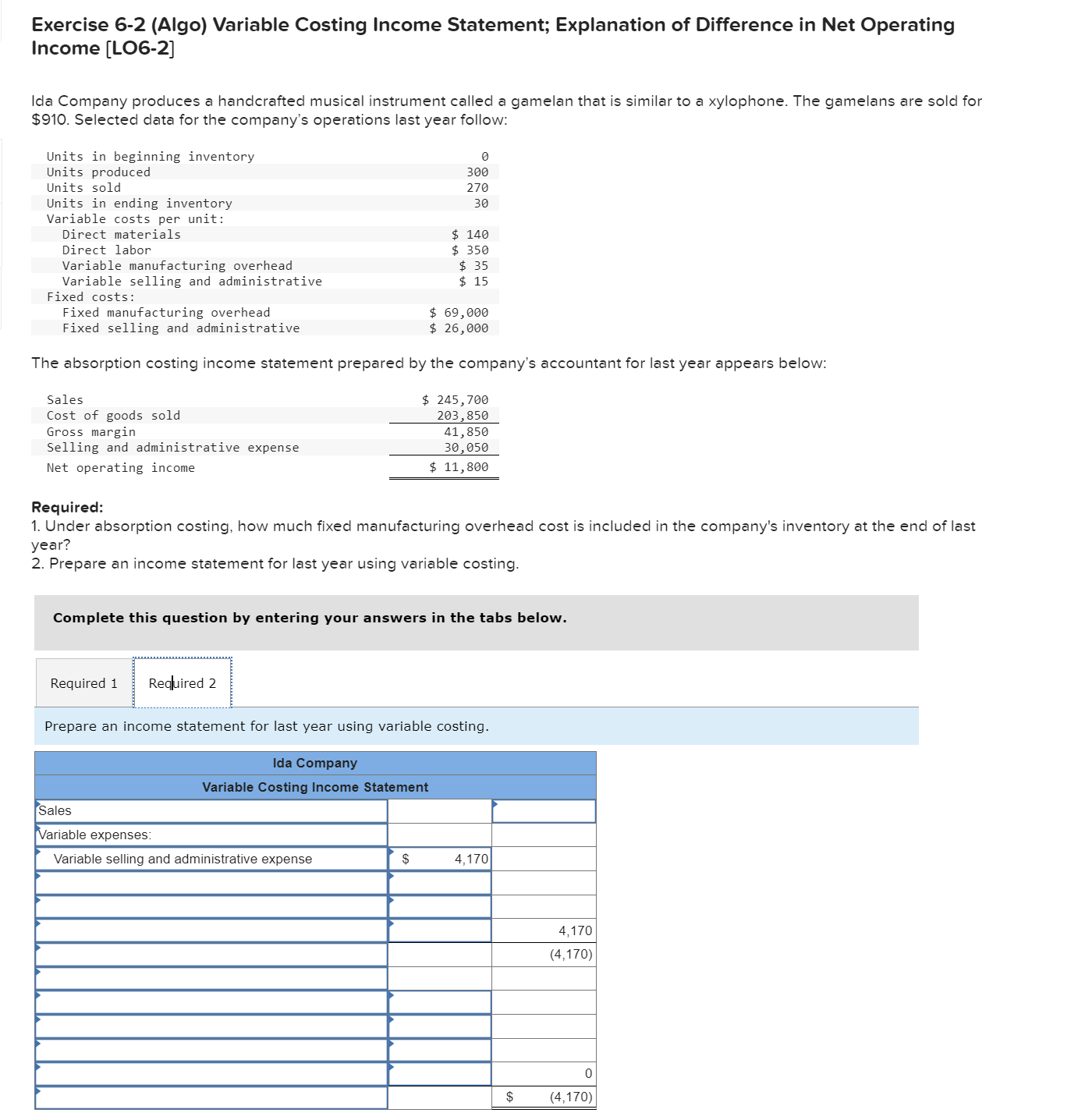 Solved Exercise 6-2 (Algo) ﻿Variable Costing Income | Chegg.com