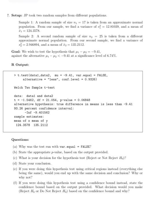 Solved 7. Setup: JP took two random samples from different | Chegg.com