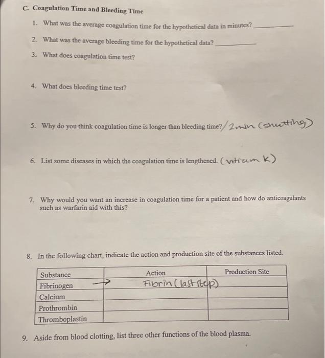 Solved C. Coagulation Time and Bleeding Time 1. What was the | Chegg.com
