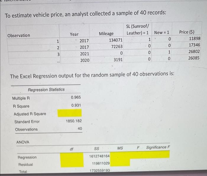 Solved To estimate vehicle price, an analyst collected a | Chegg.com