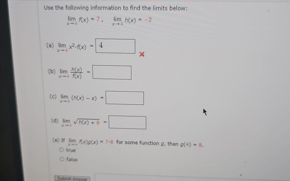Solved Use the following information to find the limits | Chegg.com