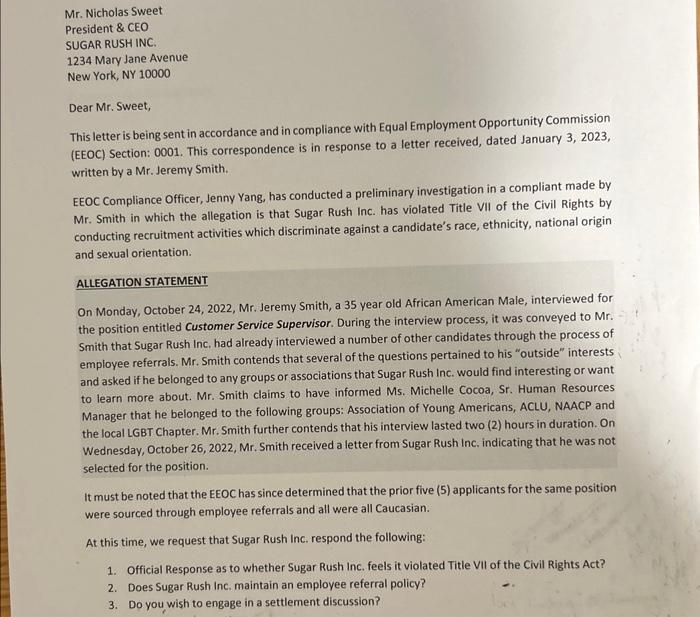 Solved reply to this EEOC letter as an Hr of the company. | Chegg.com