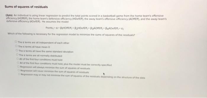 Solved Sums of squares of residuals (2pts) An individual is | Chegg.com