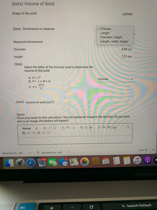 Solved (6pts) Volume of Solid Shape of the solid cylinder | Chegg.com