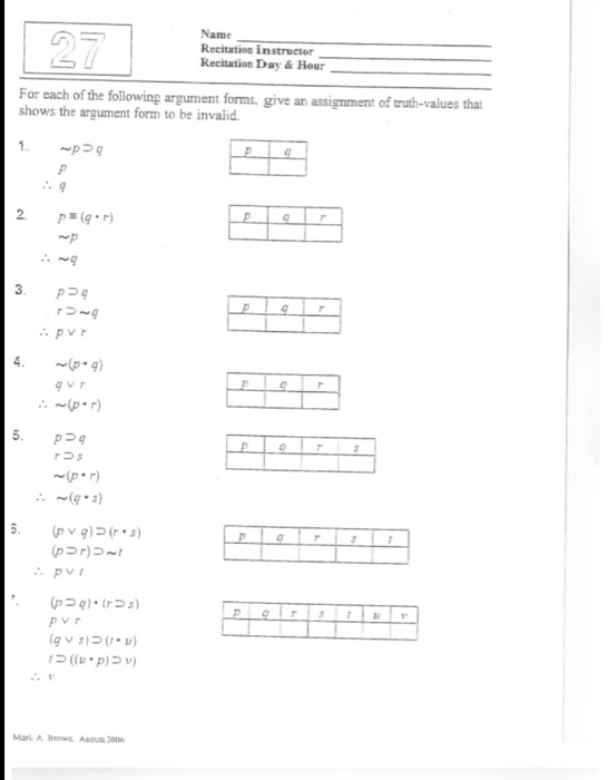 Solved Name Recitation instructor Recitation Day & Hour For | Chegg.com