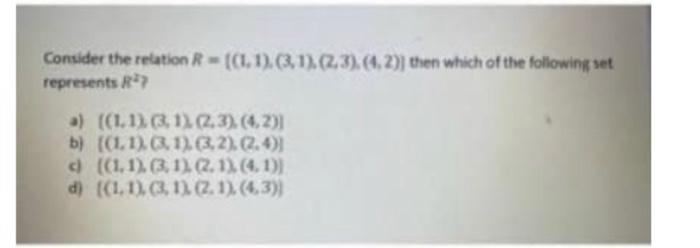 Solved Consider the relation R={(1,1),(3,1),(2,3),(4,2)] | Chegg.com