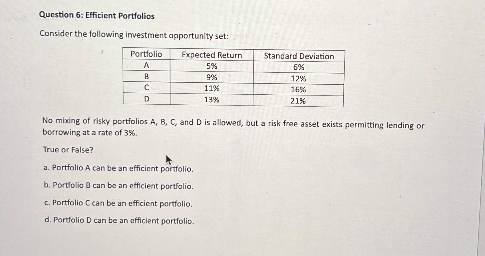 Solved Question 6: Efficient PortfoliosConsider the | Chegg.com