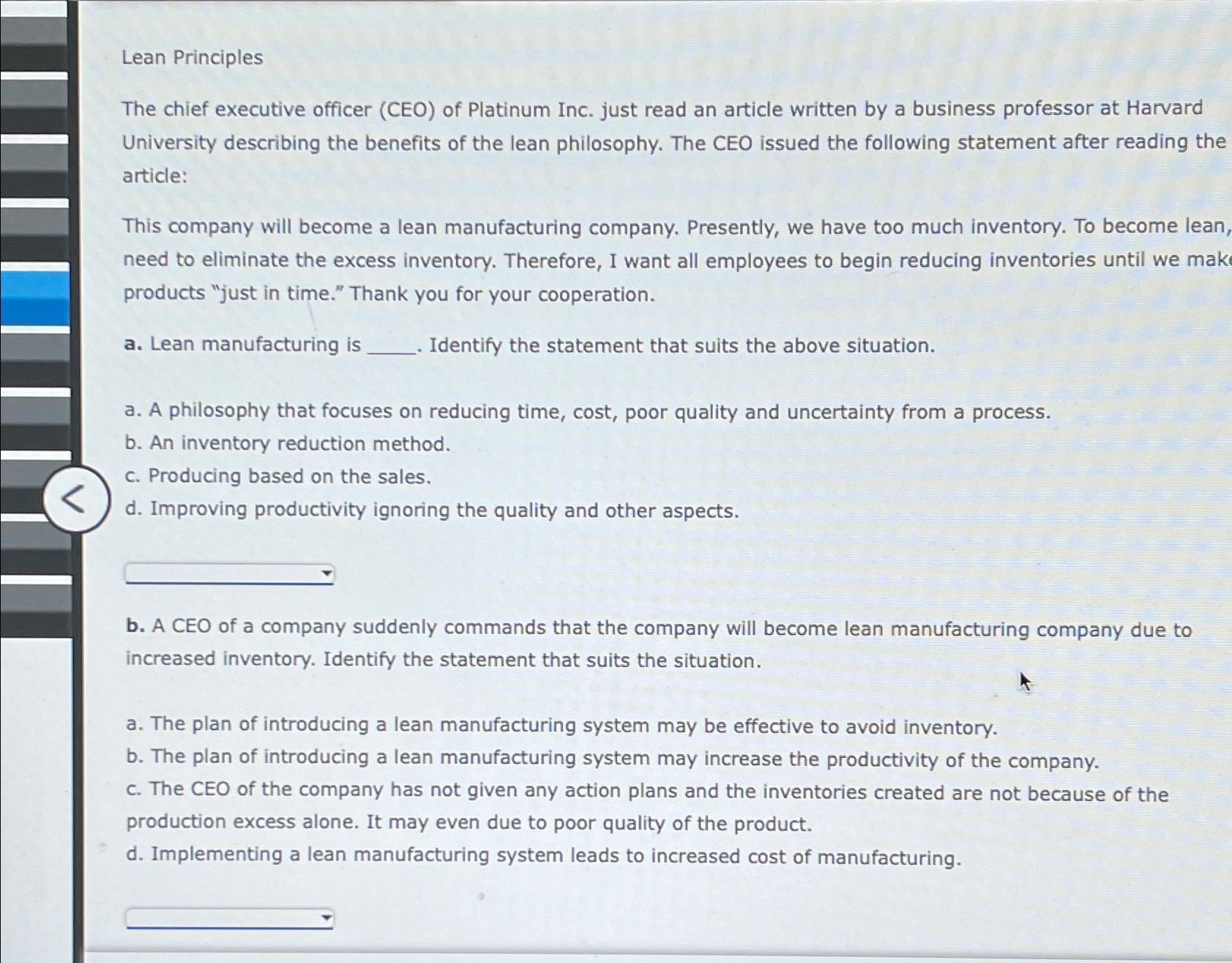 Solved Lean PrinciplesThe chief executive officer (CEO) ﻿of | Chegg.com