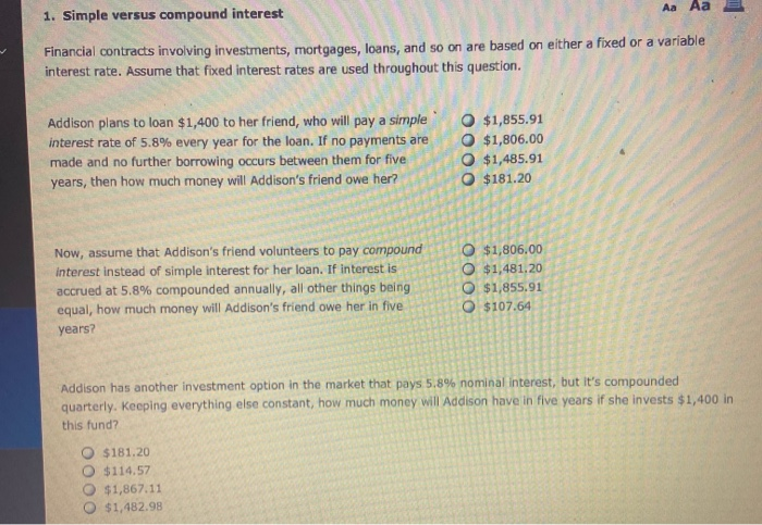 Solved 1. Simple versus compound interest Financial | Chegg.com