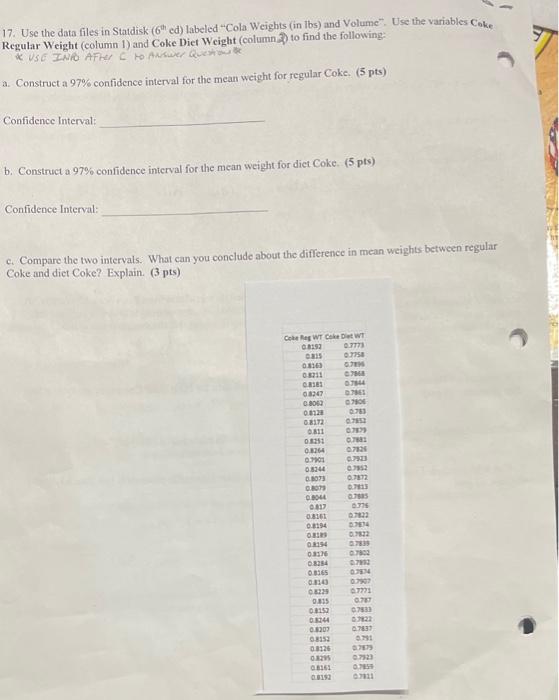 Solved 17. Use the data files in Statdisk (6"ed) labeled | Chegg.com