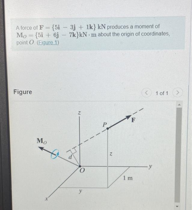 Solved A force of F={5i−3j+1k}kN produces a moment of | Chegg.com
