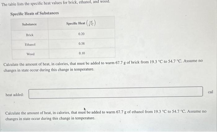 Solved The table lists the specific heat values for brick, | Chegg.com