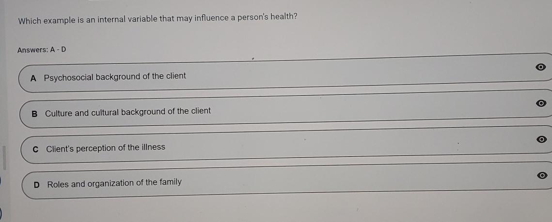 Solved Which example is an internal variable that may | Chegg.com