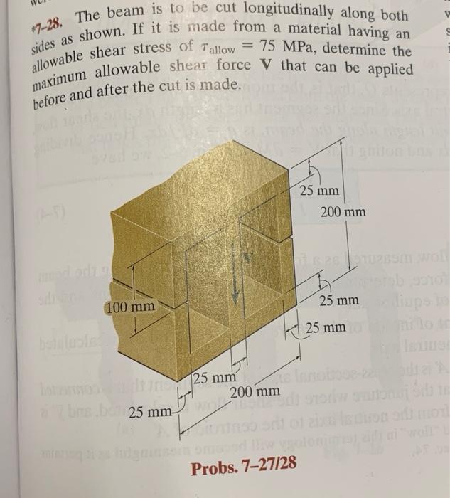 Solved *7-28. The beam is to be cut longitudinally along | Chegg.com
