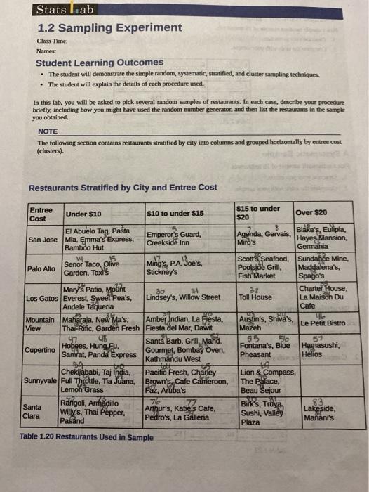 Solved Stats lab 1.2 Sampling Experiment Class Time: Names: | Chegg.com