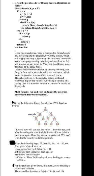 Solved 1 Given The Pseudocode For Binary Search Algorithm